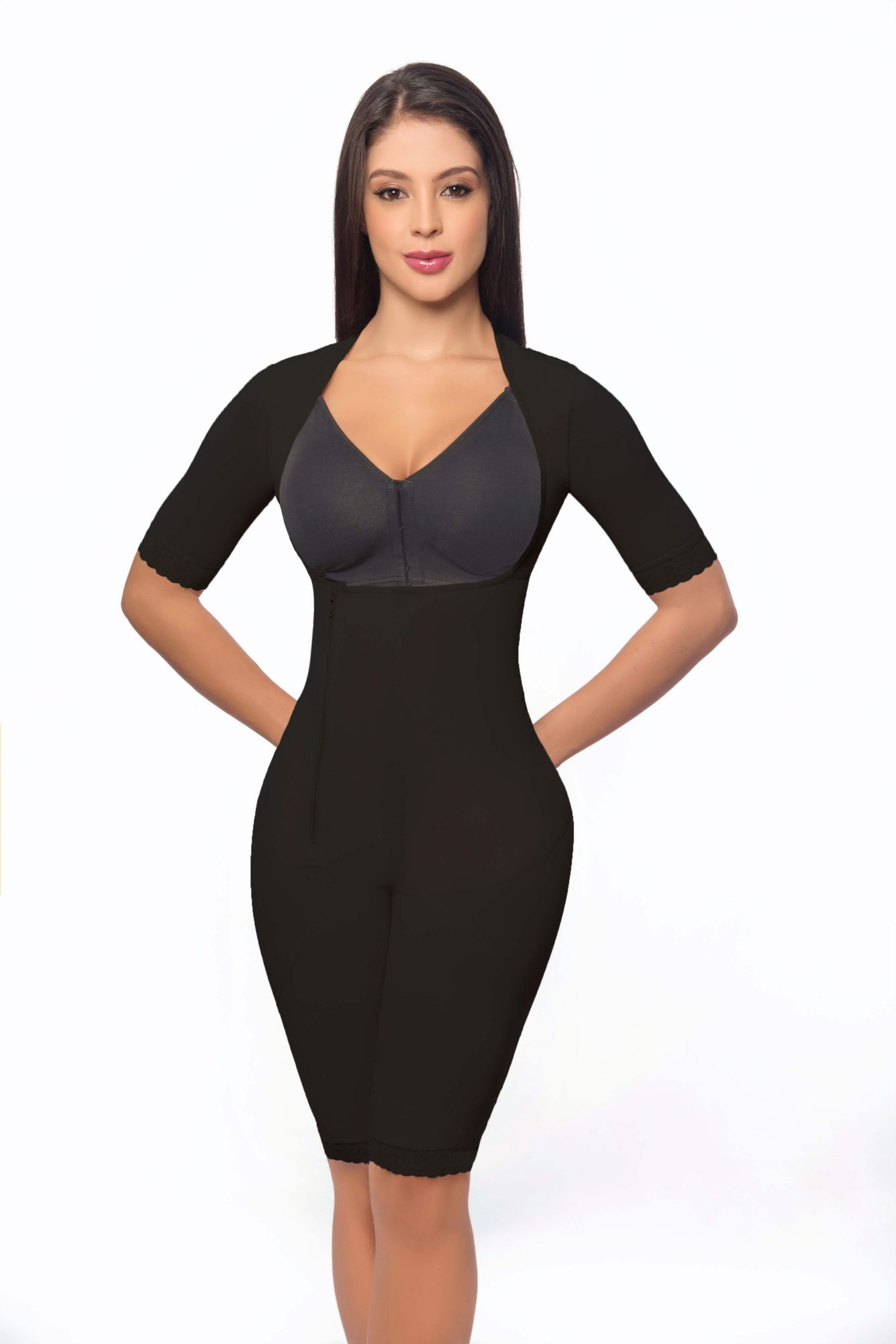 black-braless-full-body-above-the-knee-faja-with-sleeves - Contour Fajas
